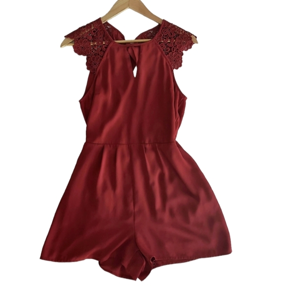 Express | Pants & Jumpsuits | Express Red Open Back Short Lace Romper ...